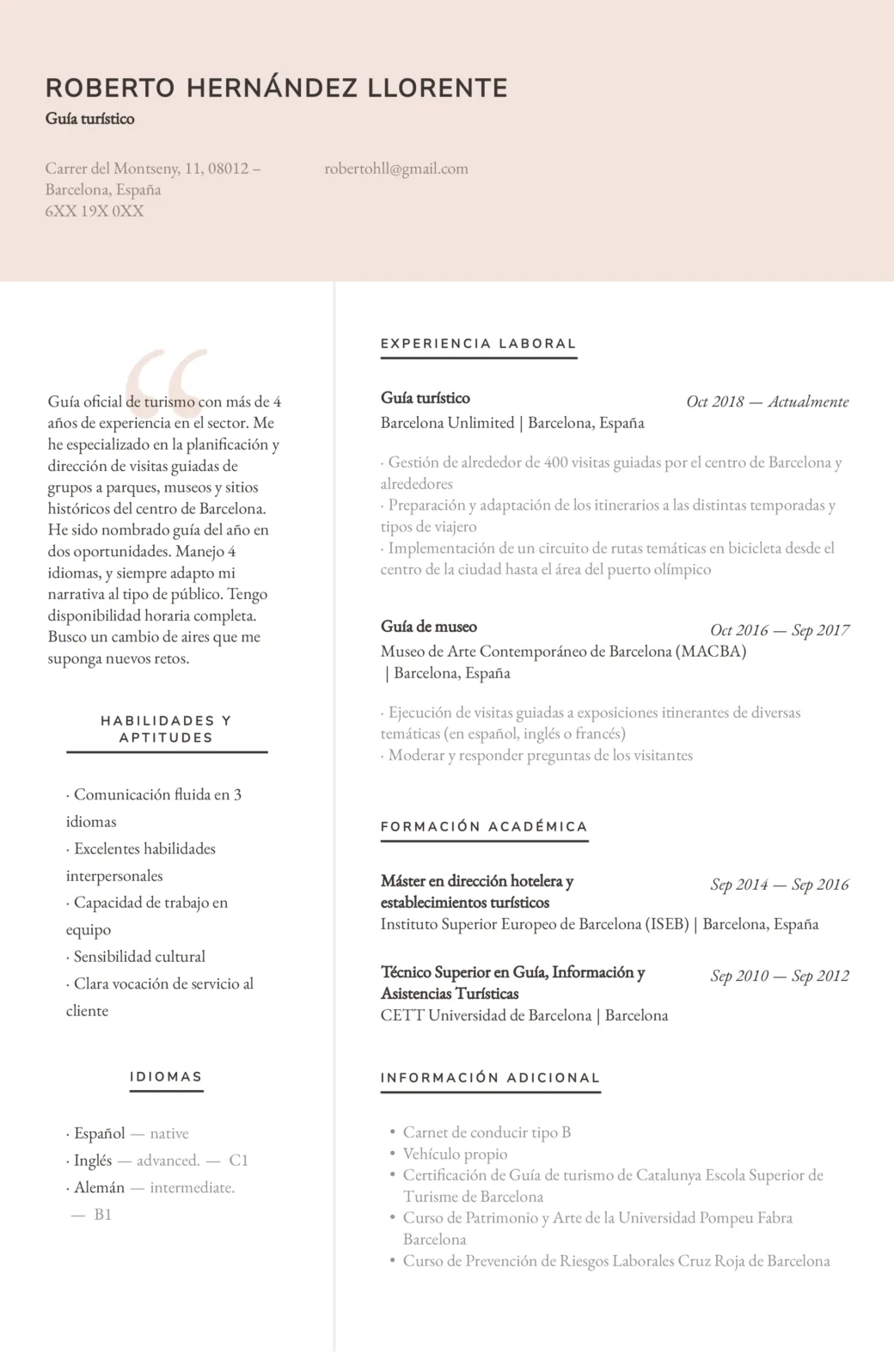 Currículum vitae para Guía turístico | LPS OCV ES